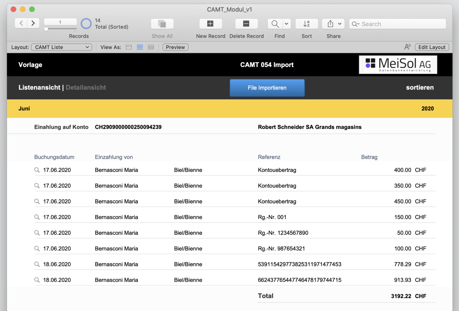 Modul CAMT 053 und CAMT 054 Zahlungseingang für FileMaker – MeiSol AG